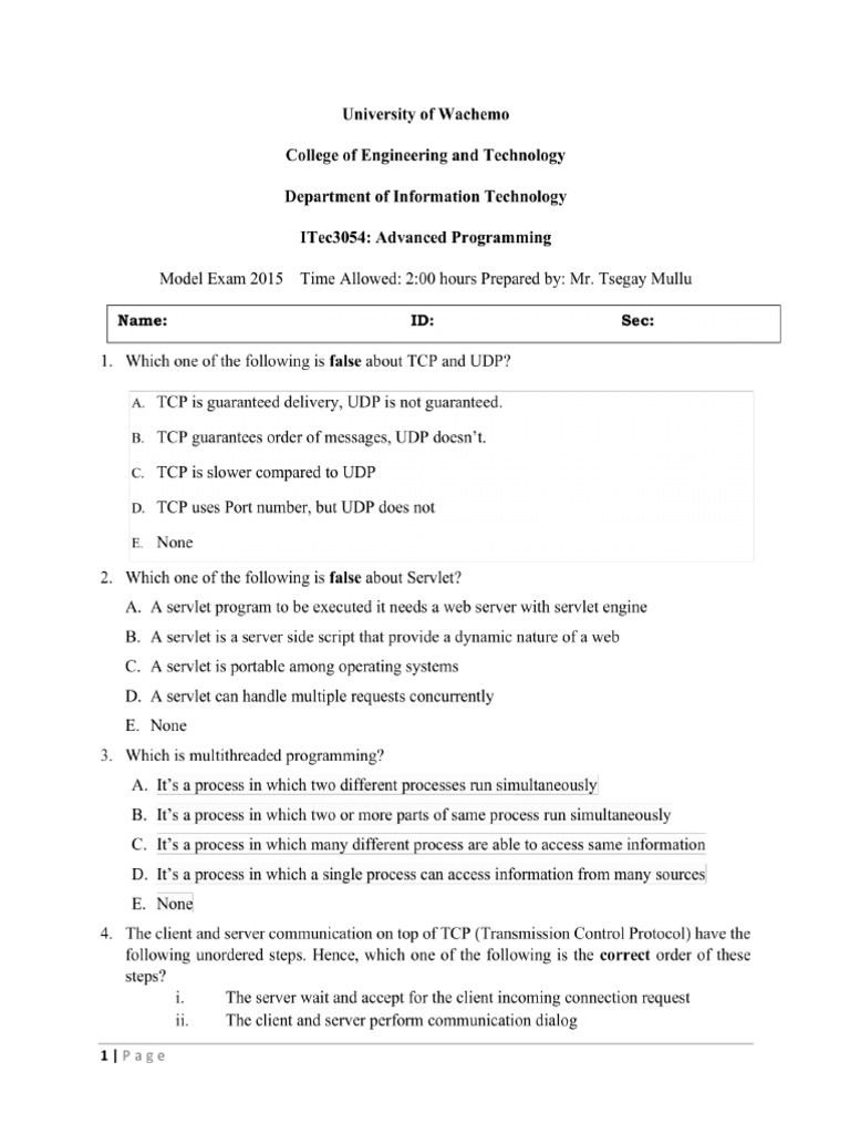 Advanced Programming MCQ Worksheet For Exit Exam 2015@ | PDF