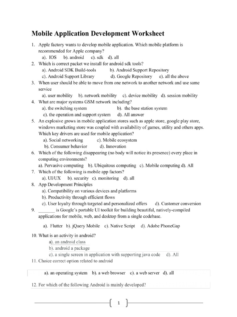 Mobile Application Development MCQ Worksheet For Exit Exam 2015@ | PDF
