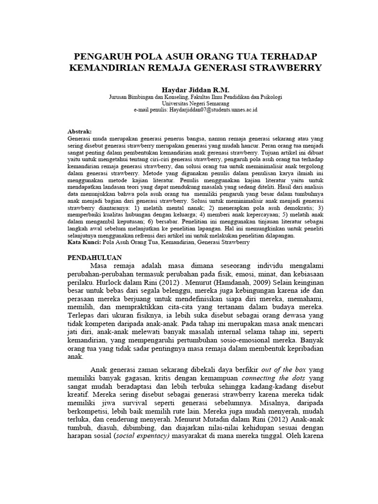 Pengaruh Pola Asuh Orang Tua Terhadap Kemandirian Remaja Generasi Strawberry | PDF