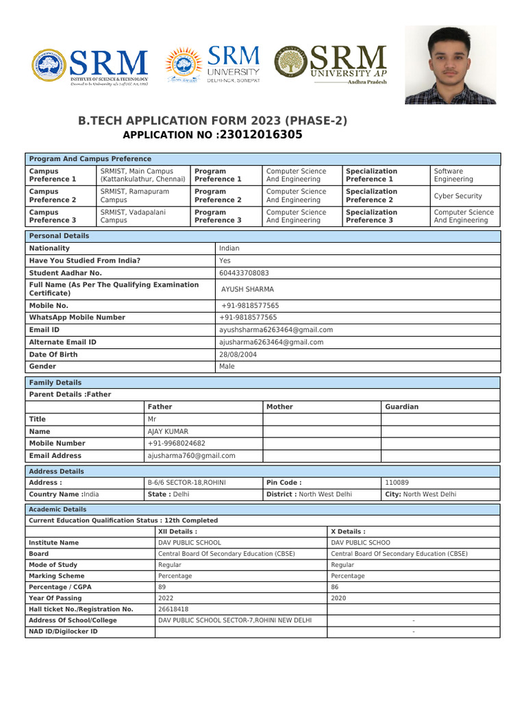 B.Tech Application Form 2023 (Phase-2) | PDF
