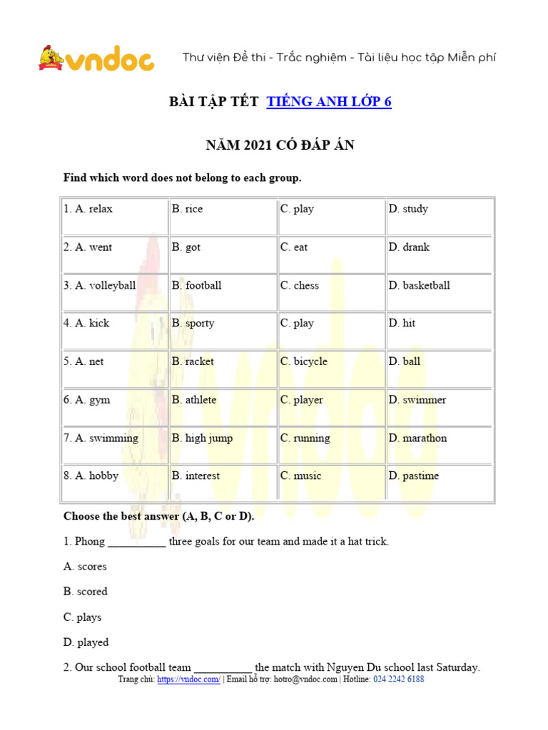 Bai Tap Tet Lop 6 Mon Tieng Anh Nam 2021 | PDF | Sports | Athletic Sports