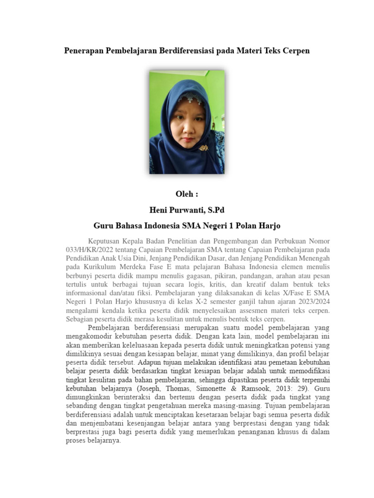 Penerapan Pembelajaran Berdiferensiasi Pada Materi Teks Cerpen | PDF