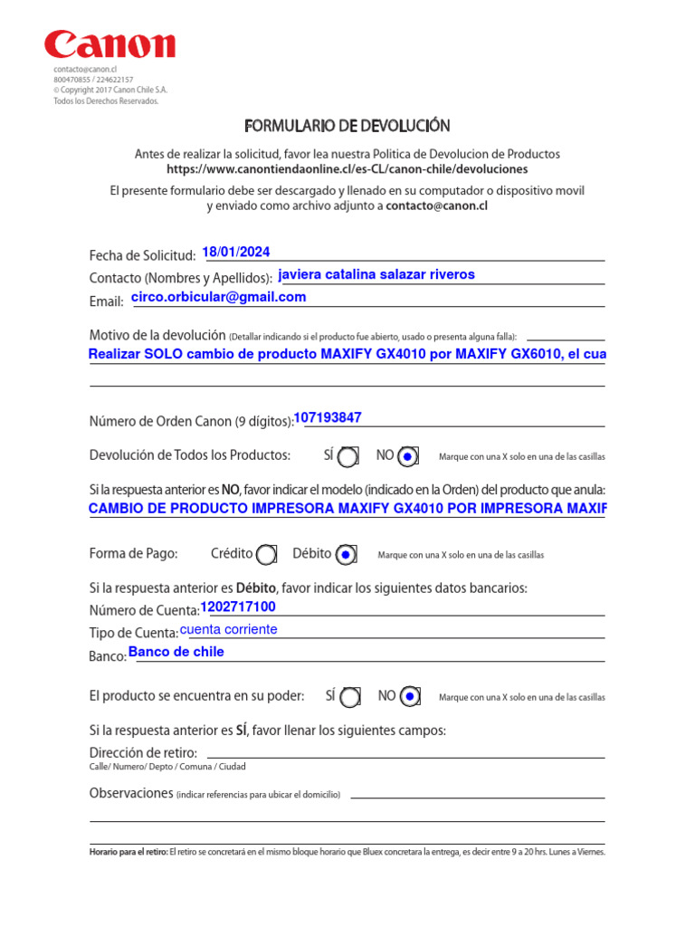 Formulario Devolucion Canon | PDF