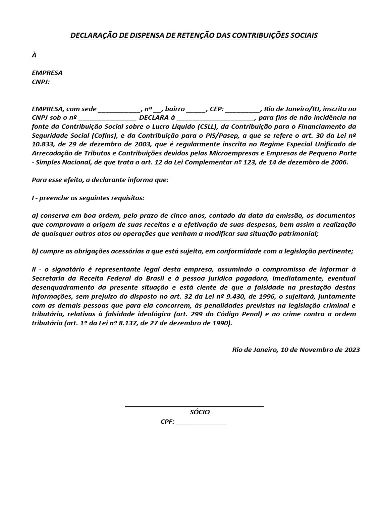 Declaração de Dispensa de Retenção Das Contribuições Sociais | PDF Declaração de Dispensa de Retenção Das Contribuições Sociais | PDF