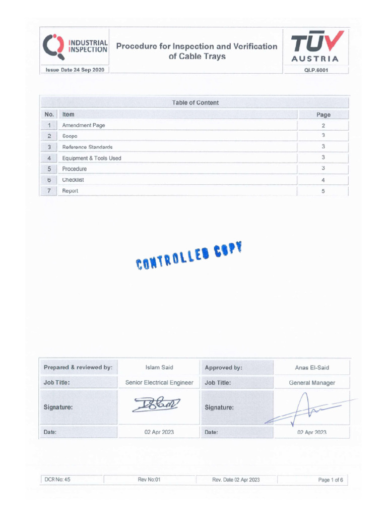 01 Procedure For Inspection - Verification of Cable Tray | PDF