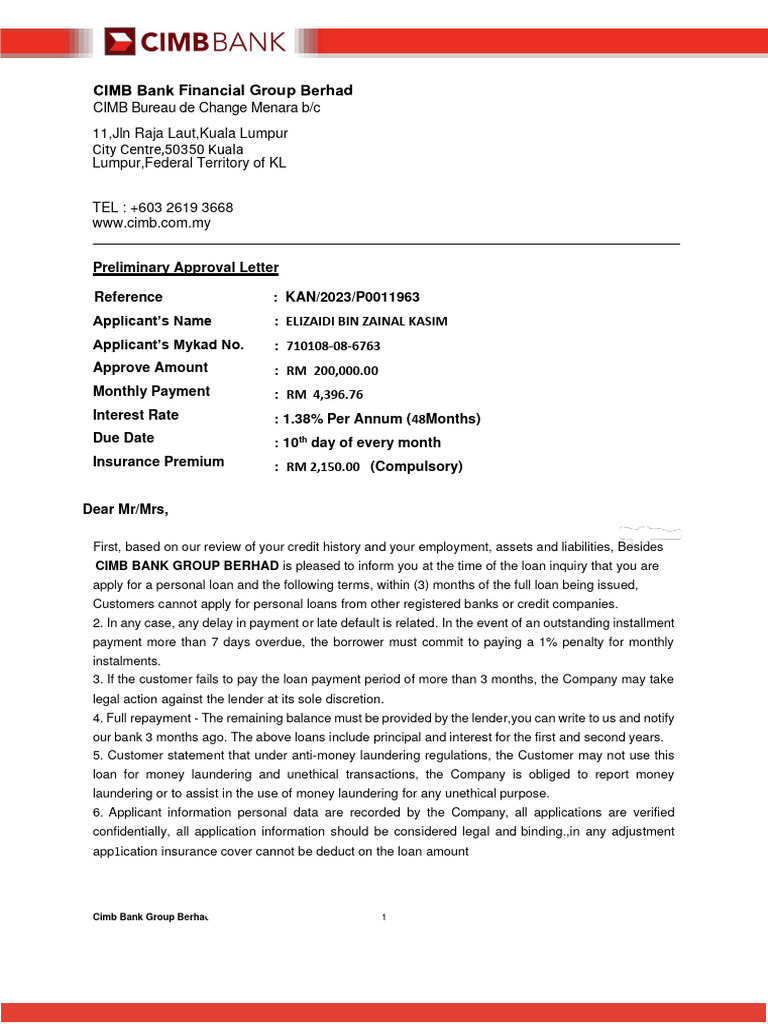 Cimb Approval Letter - Elizaidi Bin Zainal Kasim | PDF