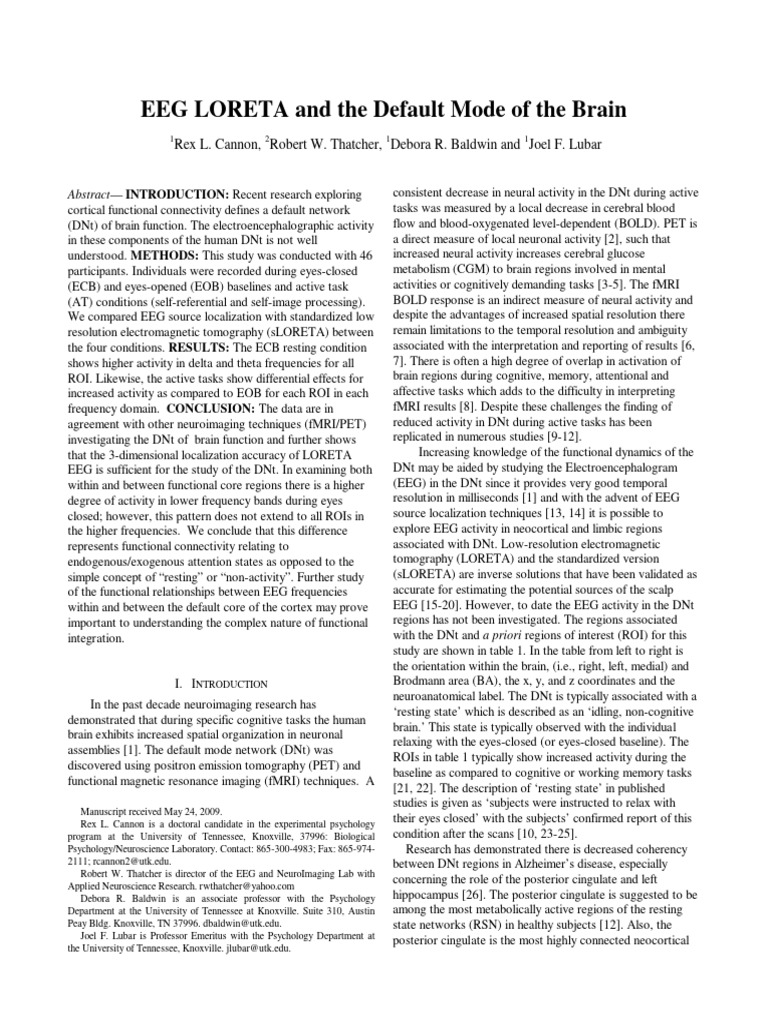 EEG LORETA and The Default Mode of The Brain | PDF | Frontal Lobe | Electroencephalography