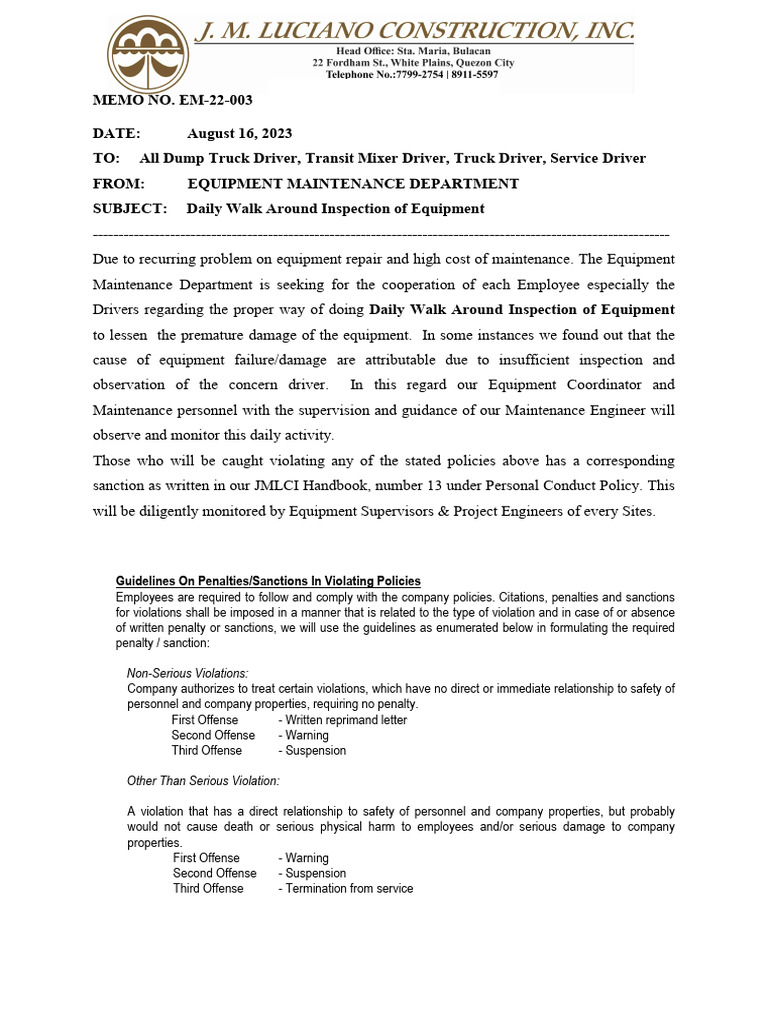 Memo EM 22 003 Daily Walk Around Inspection English Rev. 01 | PDF