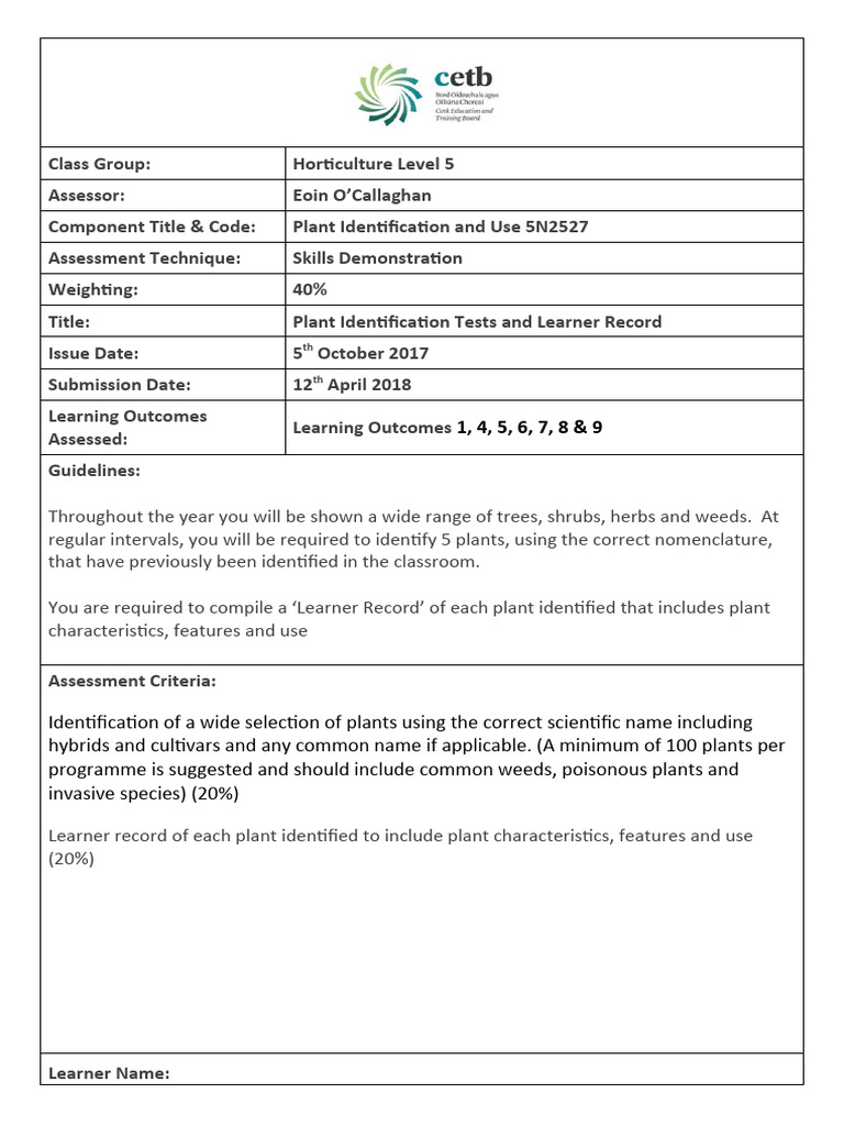 Assessment Brief - Plant Tests Learner Record | PDF