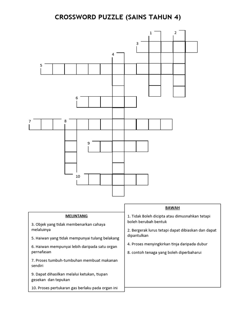 Crossword Puzzle Sains Tahun 4 | PDF