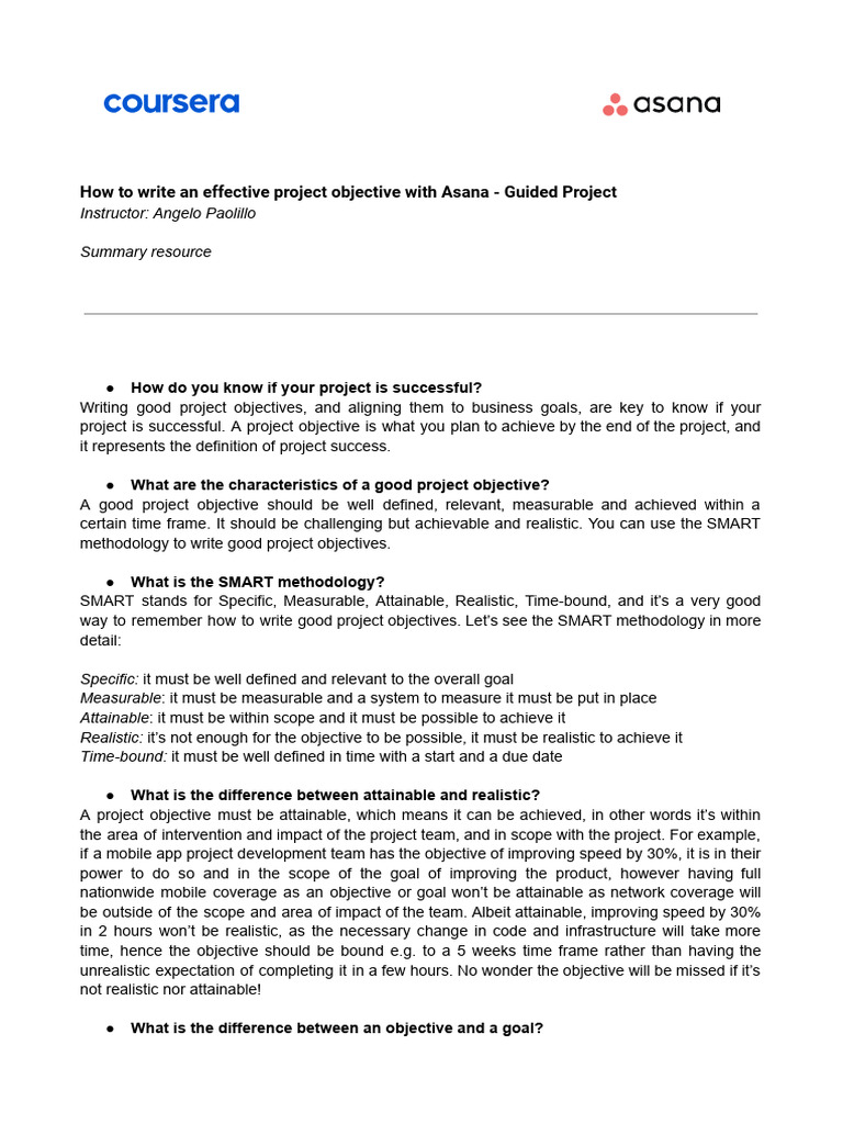 How To Write An Effective Project Objective With Asana - Guided Project | PDF | Goal | Business