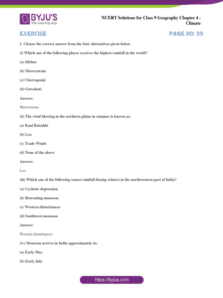 Class 9 Geography Chapter 4 Solutions | PDF | Monsoon | Rain