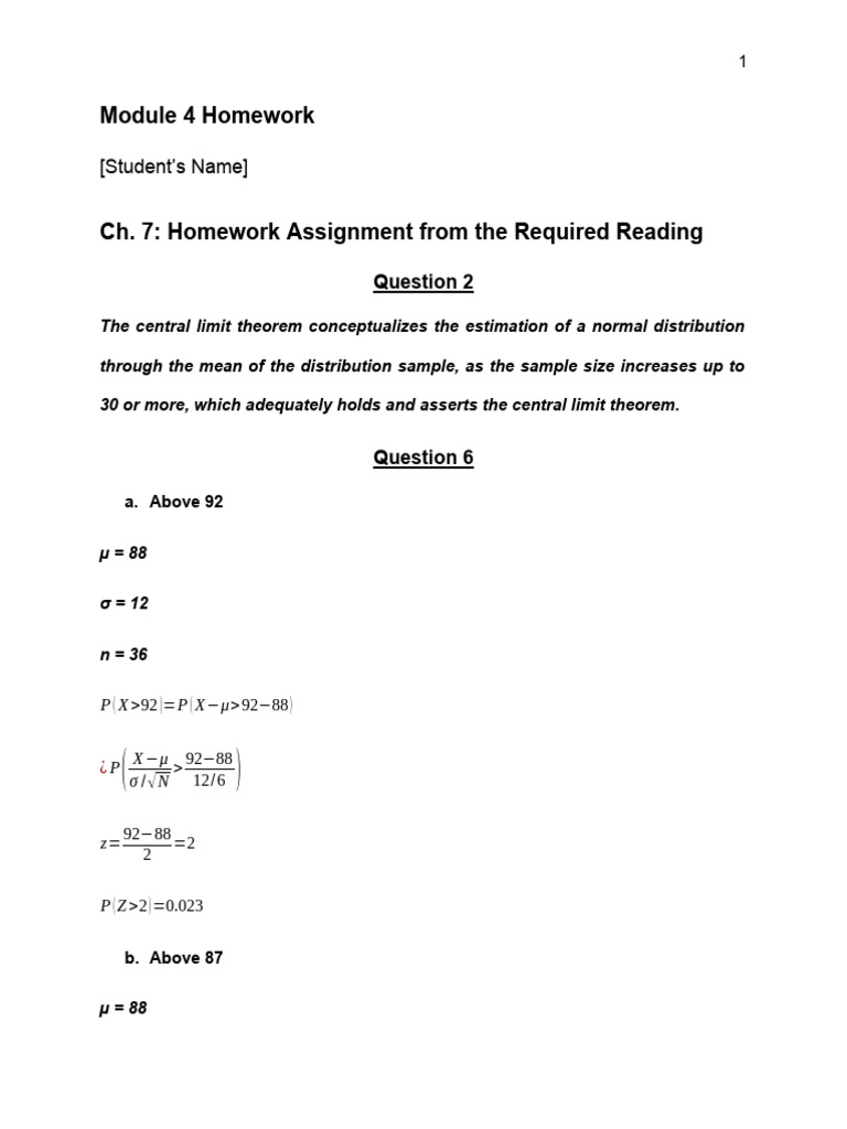 Homework Assignment Module 4 Pdf Normal Distribution Statistical Inference