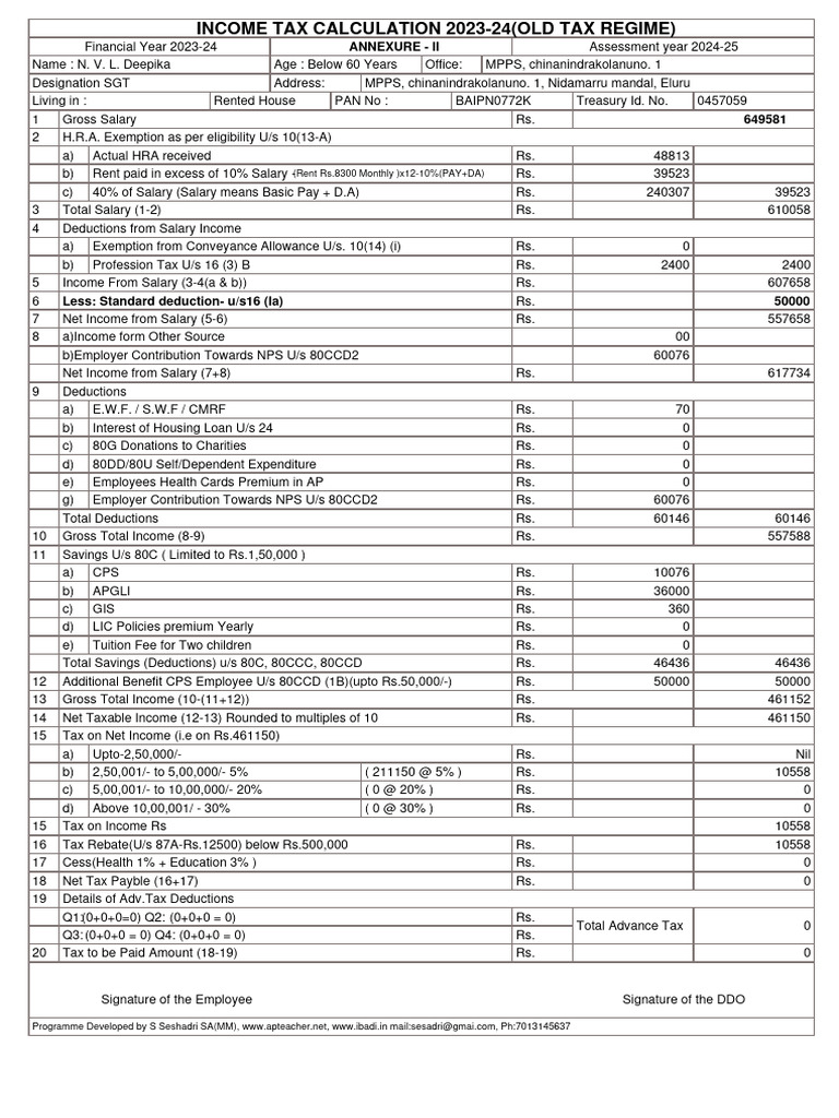 Income Tax Calculation 2023-24 (Old Tax Regime) : Annexure - Ii | PDF ...