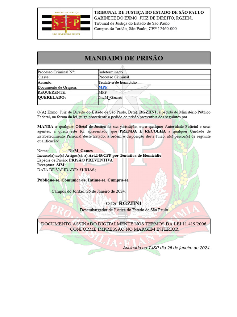 Mandado de Prisão Preventiva | PDF