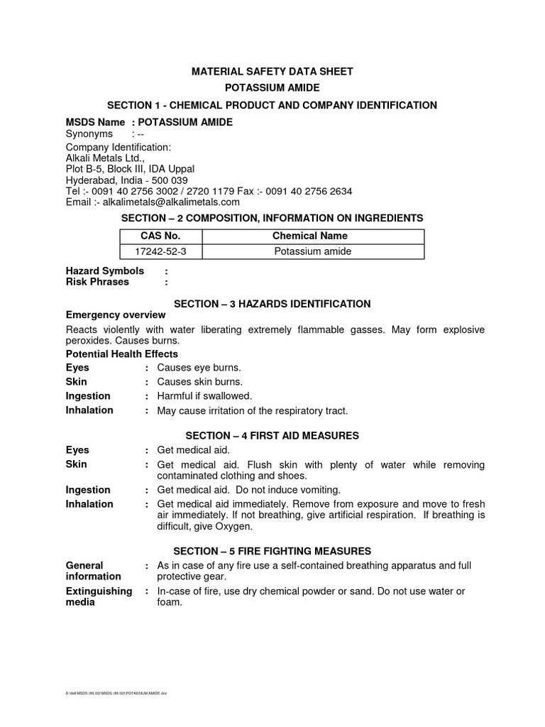 Potassium Amide MSDS Overview | PDF | Ammonia | Personal Protective ...