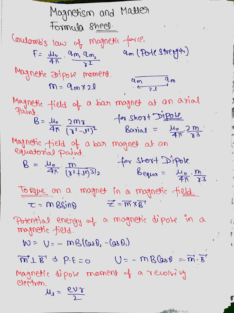 Formula Sheet Magnetism and Matter Class 12 Physics Chapter 5 | PDF