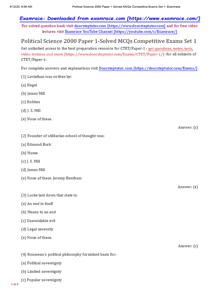 Solved MCQs for Political Science Exams | PDF | Bolsheviks | Sovereignty