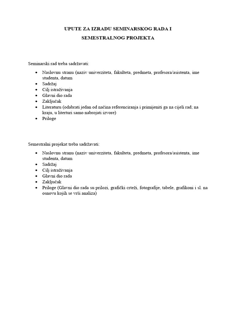 Upute Za Izradu Seminarskog Rada I Semestralnog Projekta | PDF