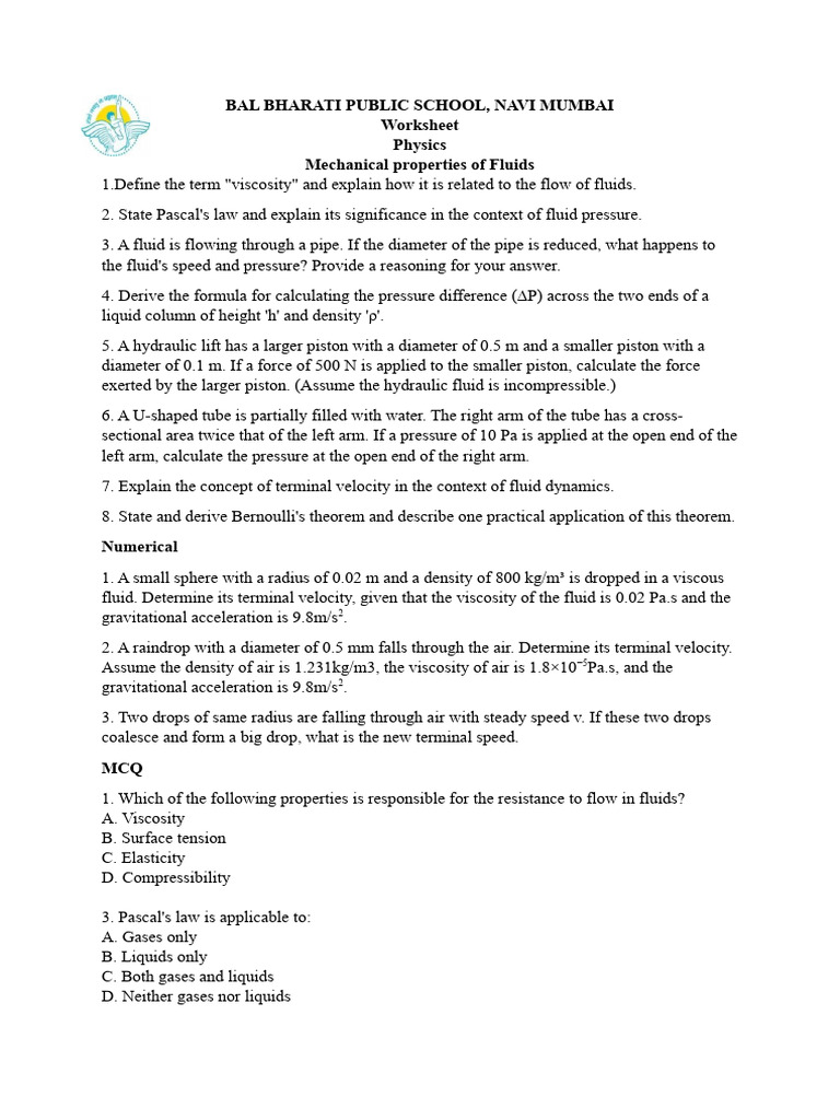 Worksheet 2 | PDF | Pressure | Viscosity