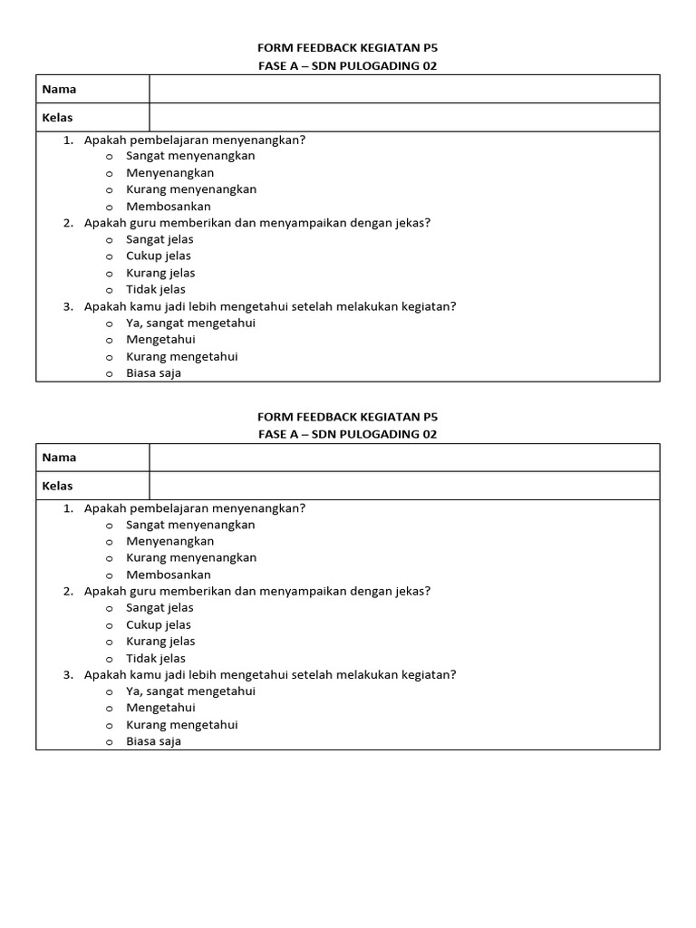 Form Feedback Kegiatan P5 | PDF