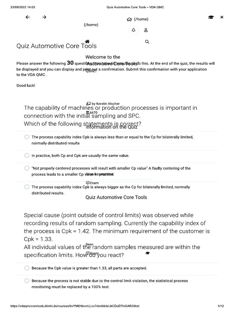 Quiz Core Tools 5 Sur 6 | PDF
