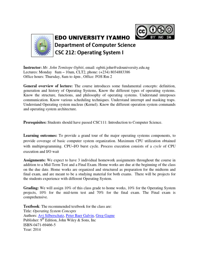 CSC 212 Operating System I Courseware 20182019 | PDF