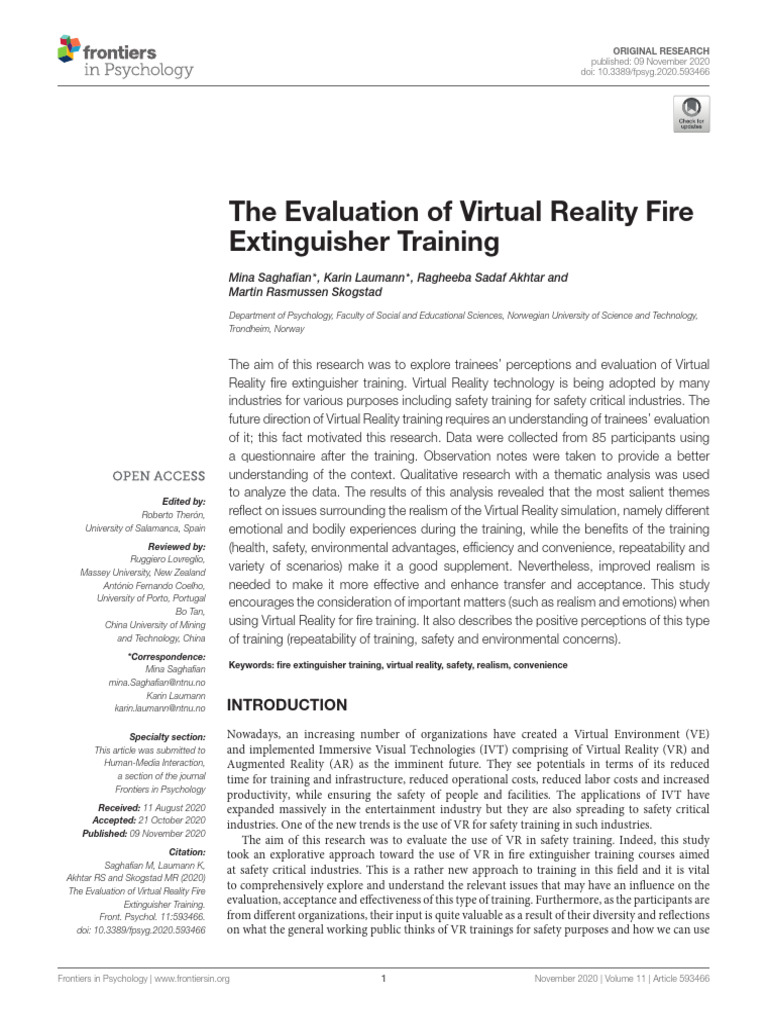 The Evaluation of Virtual Reality Fire Extinguisher Training | PDF