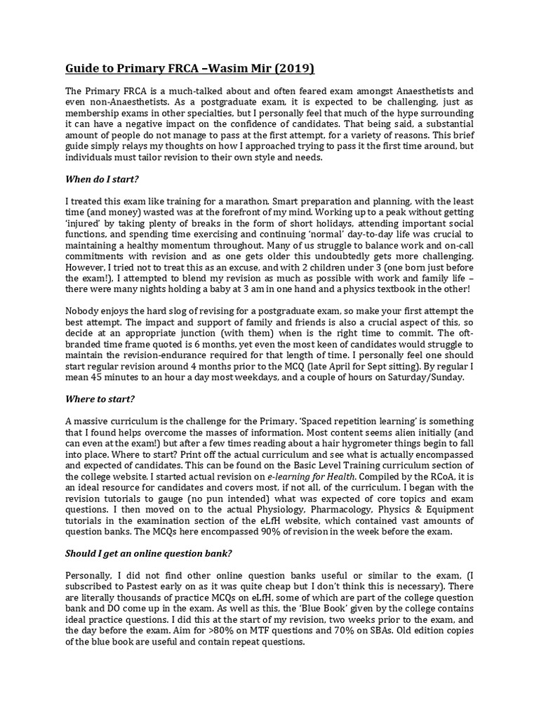 Guide to Passing the Primary FRCA Exam | PDF