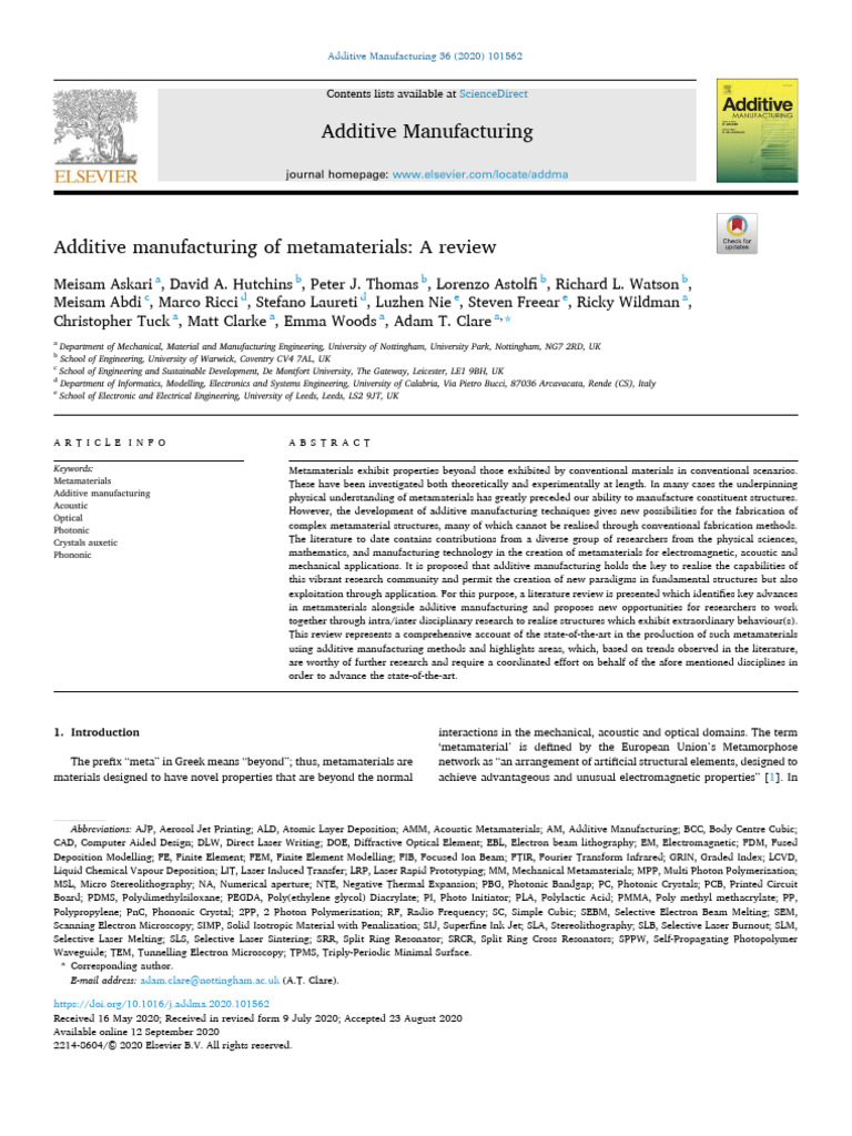 Askari Et Al. - 2020 - Additive Manufacturing of Metamaterials A Review ...