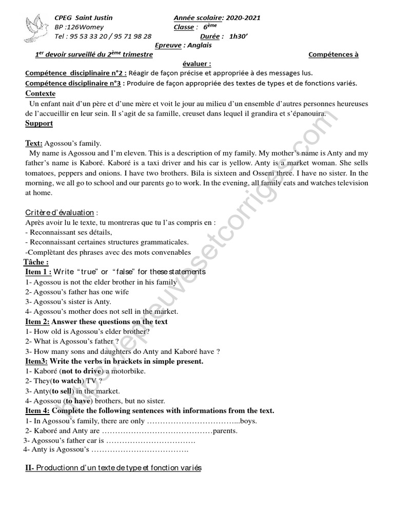 1er Devoir Du 2ème Trimestre Anglais 6ème 2020 2021 Cpeg Saint Justin | PDF