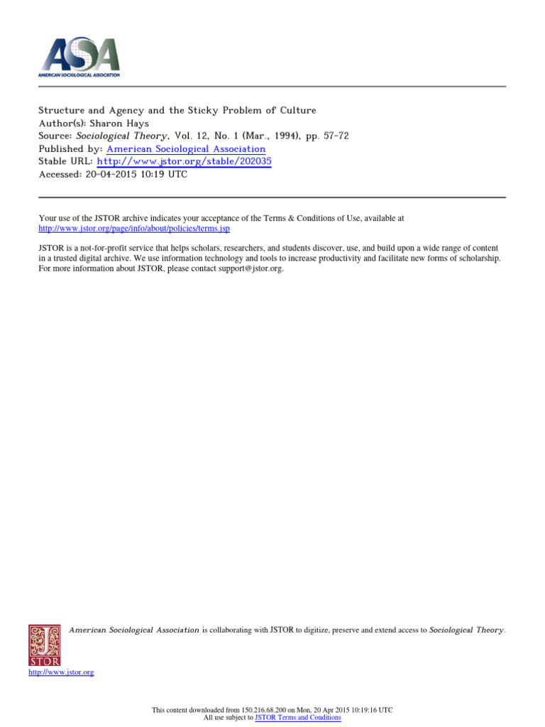 Structure and Agency and The Sticky Problem of Culture | PDF