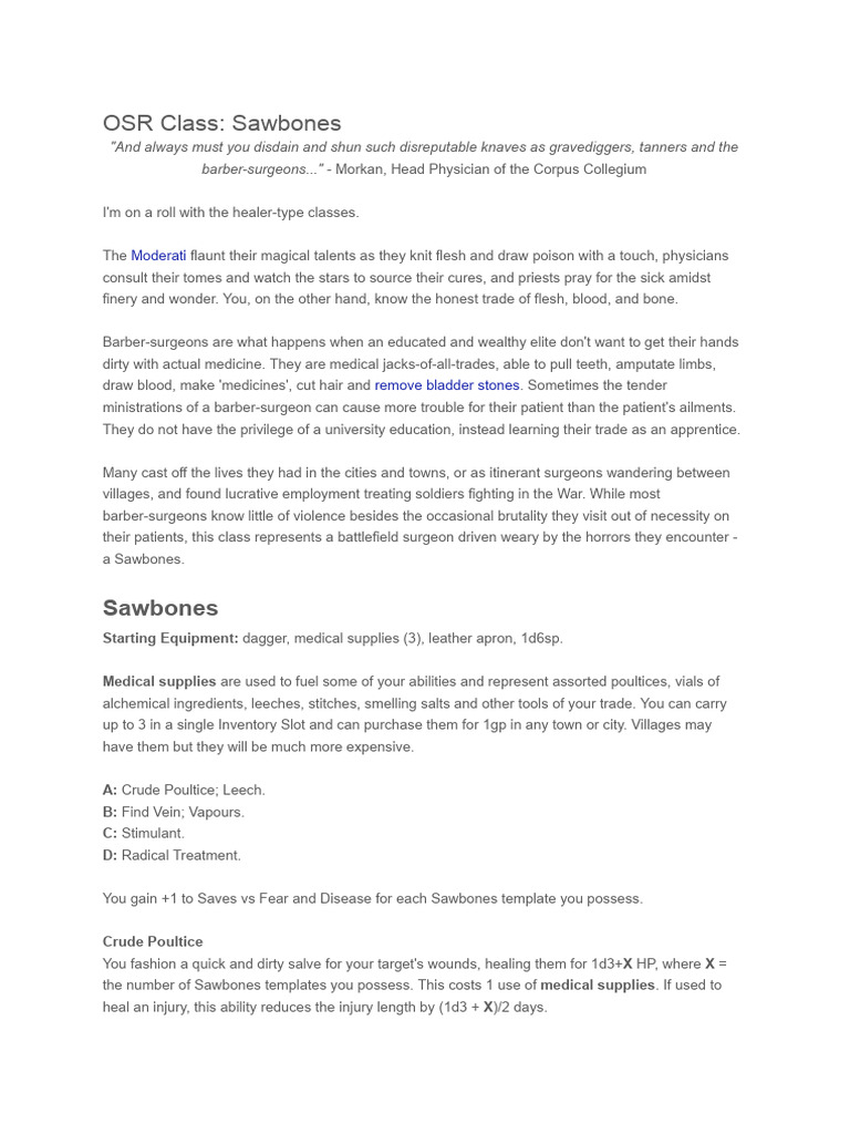 OSR Class - Sawbones | PDF