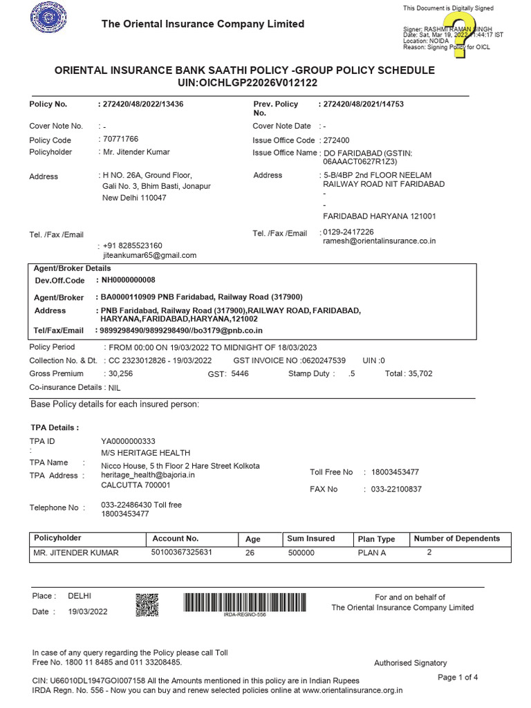 OICL Group Policy Schedule Details | PDF