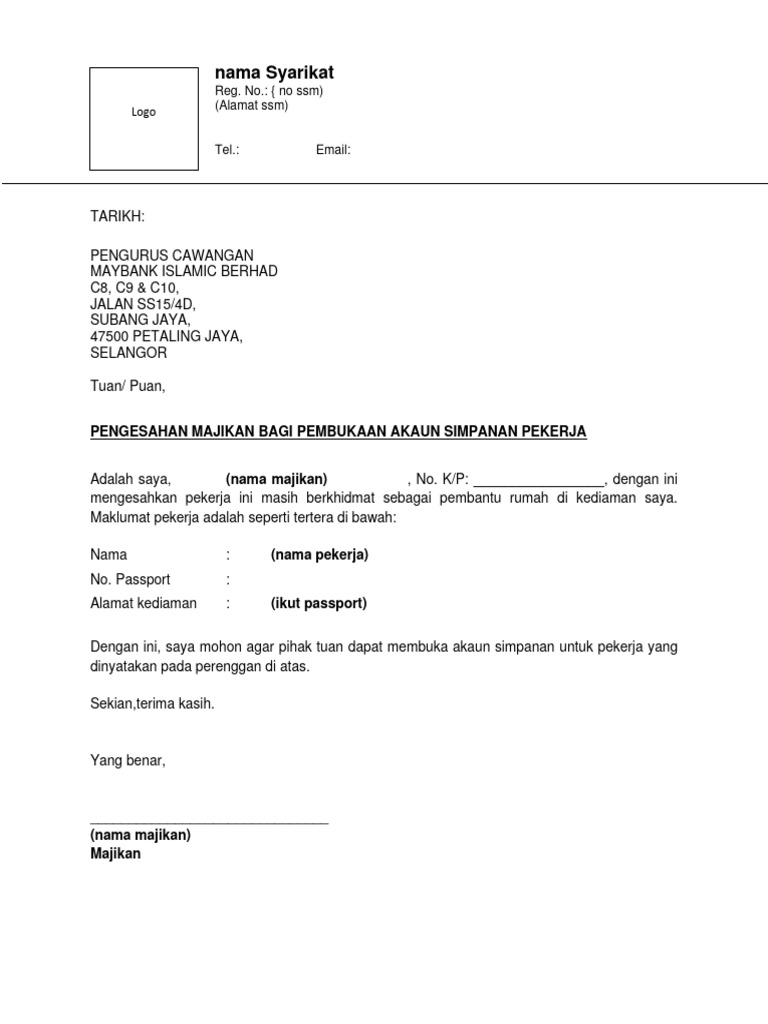 Contoh Format Surat Engesahan Majikan Bagi Pembukaan Akaun Simpanan ...
