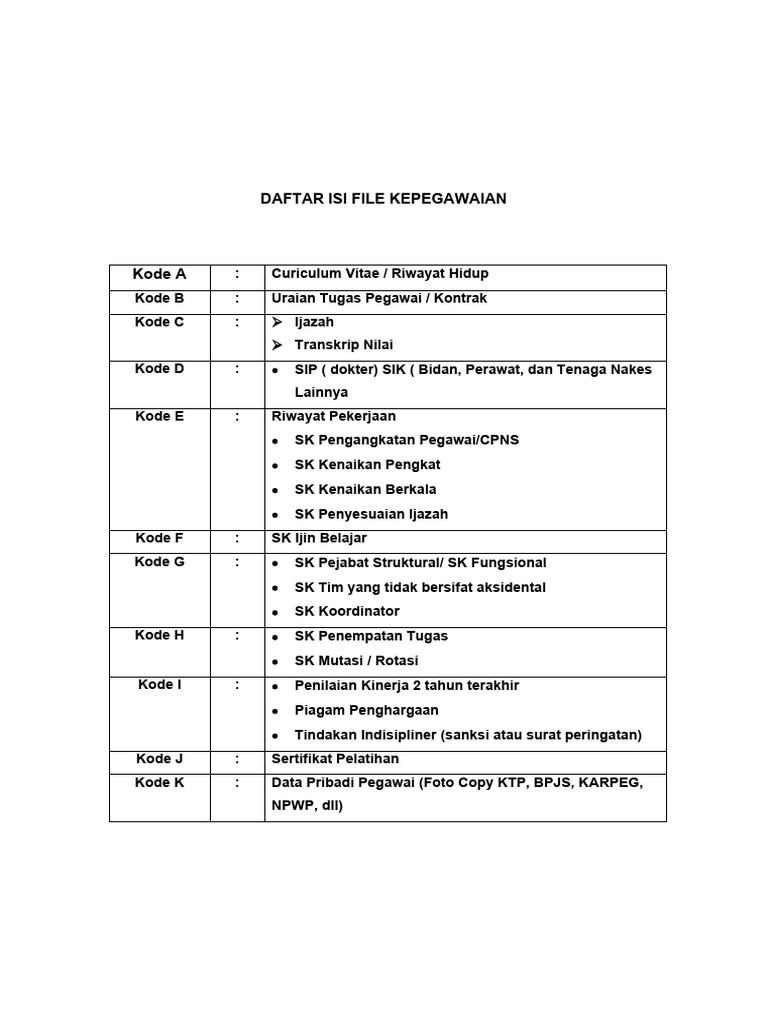 Daftar Isi File Kepegawaian | PDF
