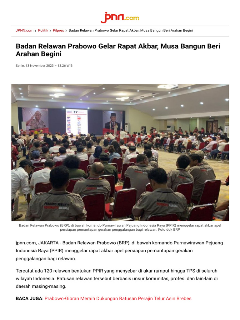 Badan Relawan Prabowo Gelar Rapat Akbar, Musa Bangun Beri Arahan Begini ...