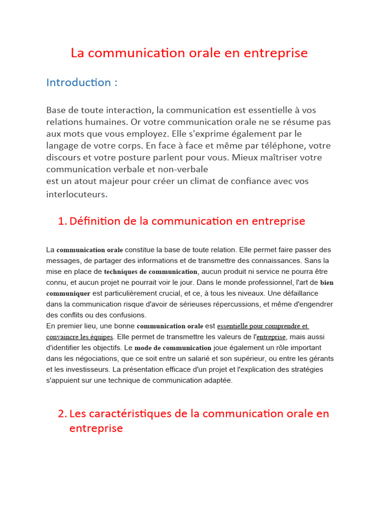 La Communication Orale en Entreprise | PDF | la communication ...