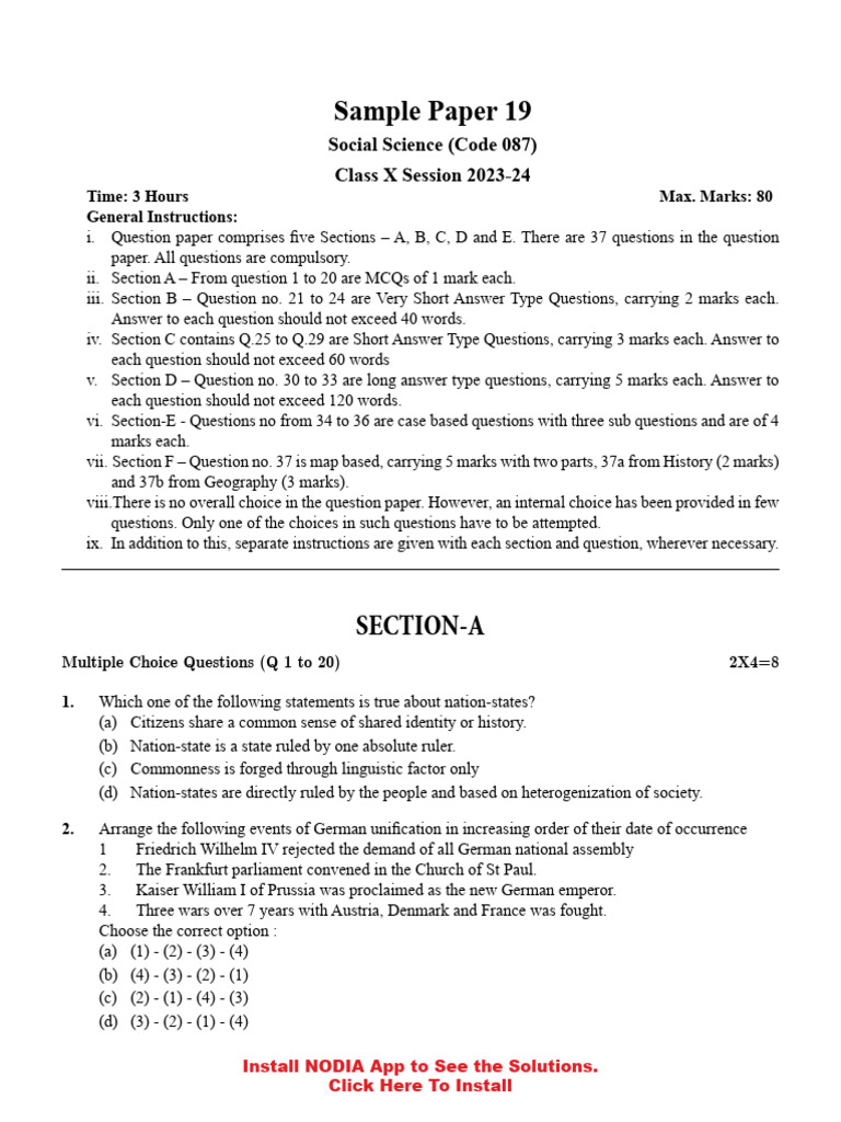 SS Sample Paper 19 Unsolved | PDF