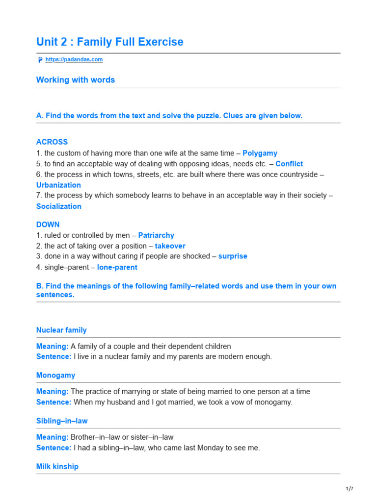 Unit 2 Family Full Exercise | PDF | Family | Marriage