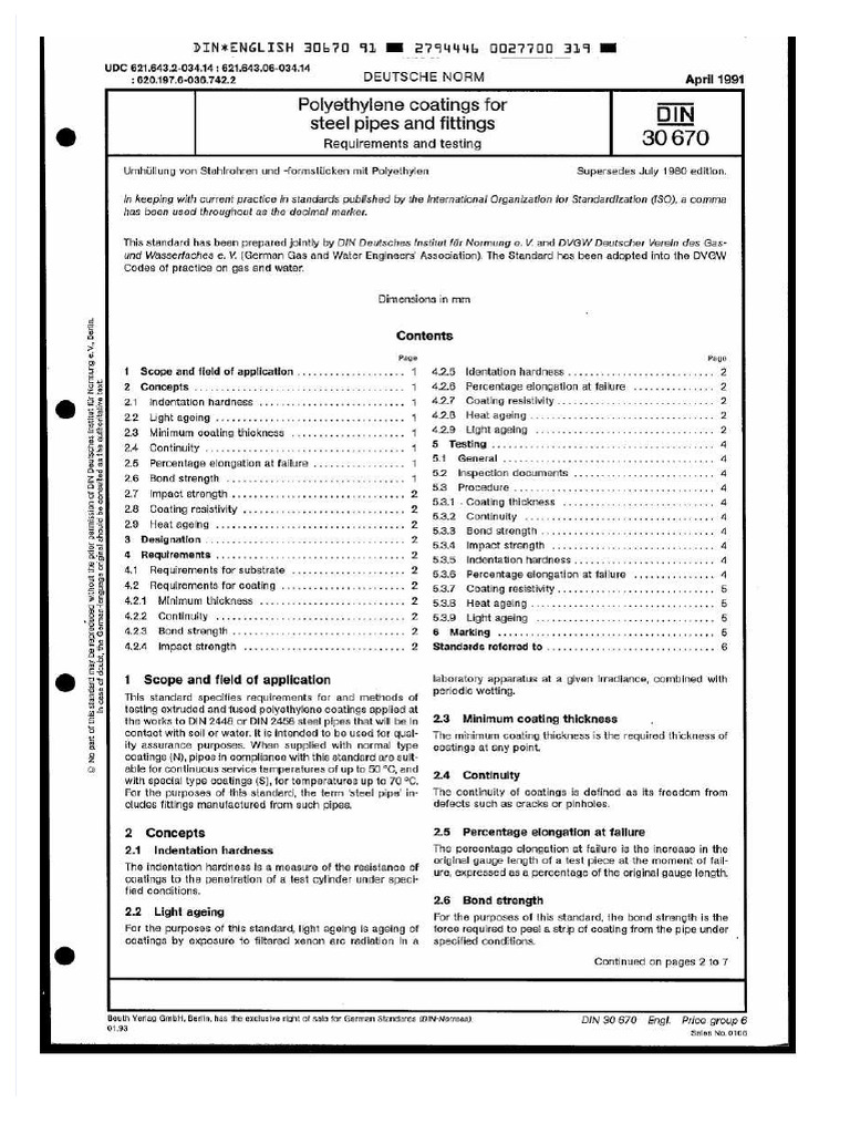 DIN 30670 (1991) Polyethylene Coating for Piping and Fittings | PDF