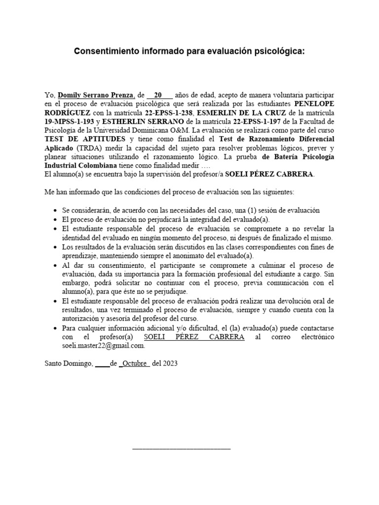 Consentimiento Informado para Evaluación Psicológica | PDF