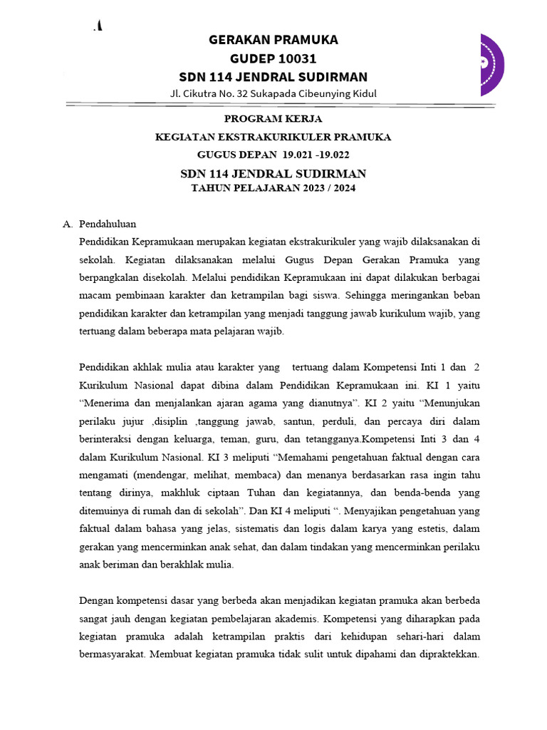 Program Kerja Pramuka SDN 114 Jendral Sudirman | PDF | Pengembangan Diri