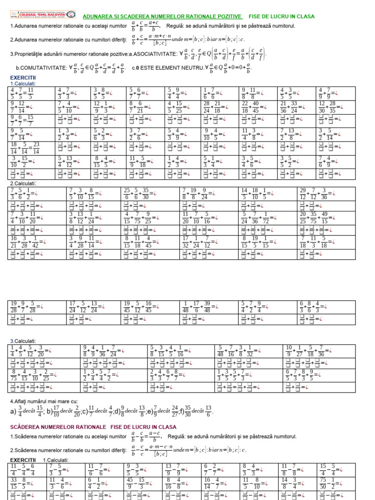 Fractii - Numitor Comun - Adunare.scadere - Comparare | PDF | Teaching ...