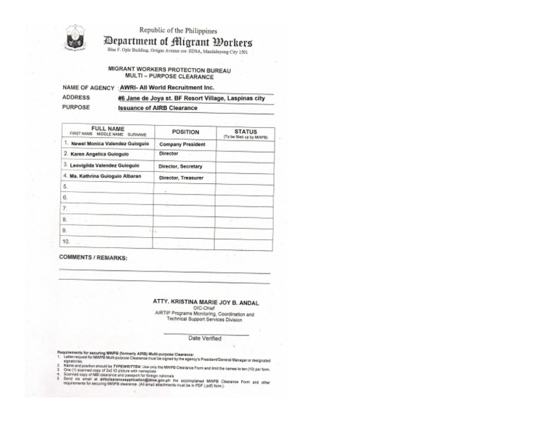 AIRB Clearance Form From DMW | PDF