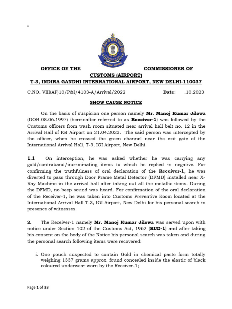 Draft SCN Sharik Prepared by Rajiva Sir | PDF | Customs | Metal Detector