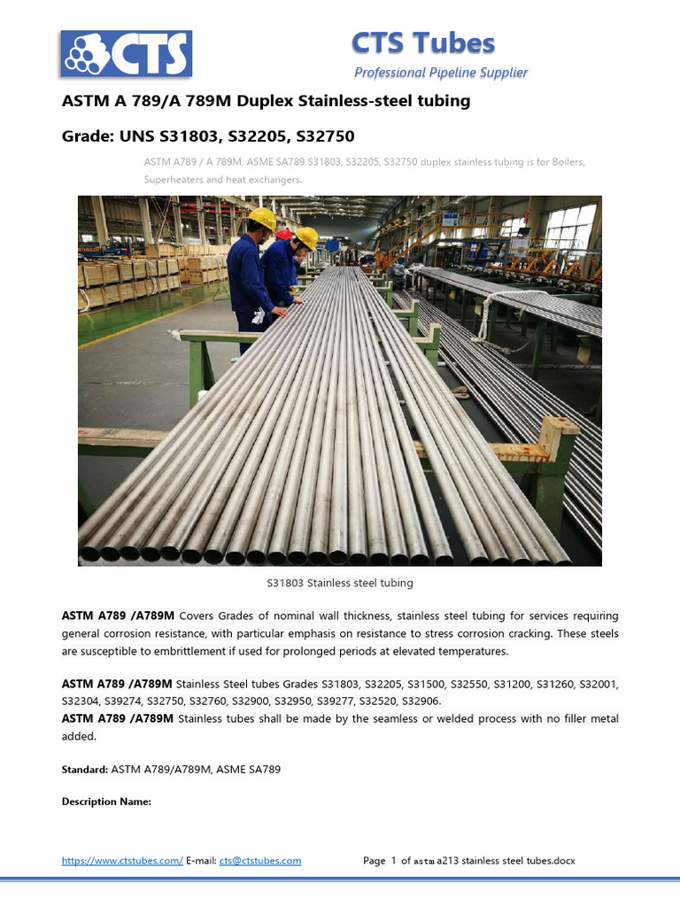 ASTM A789 Duplex Stainless Tubing Guide | PDF | Pipe (Fluid Conveyance ...