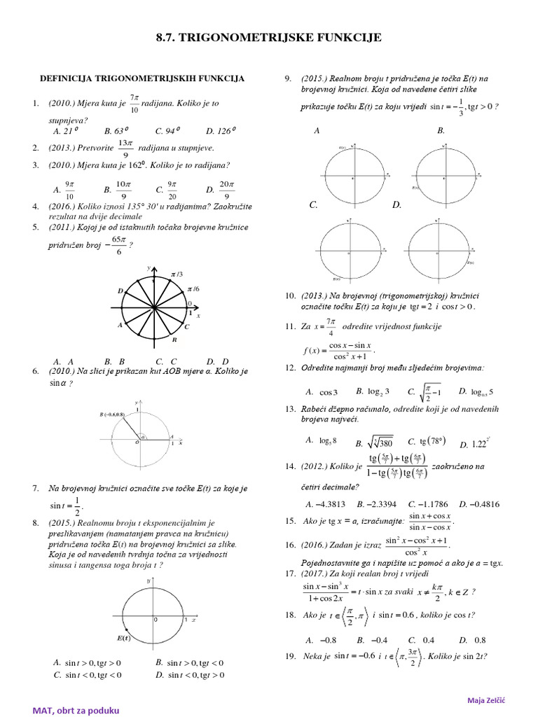 Zadaci - Trigonometrijske Funkcije - 3 Razred | PDF