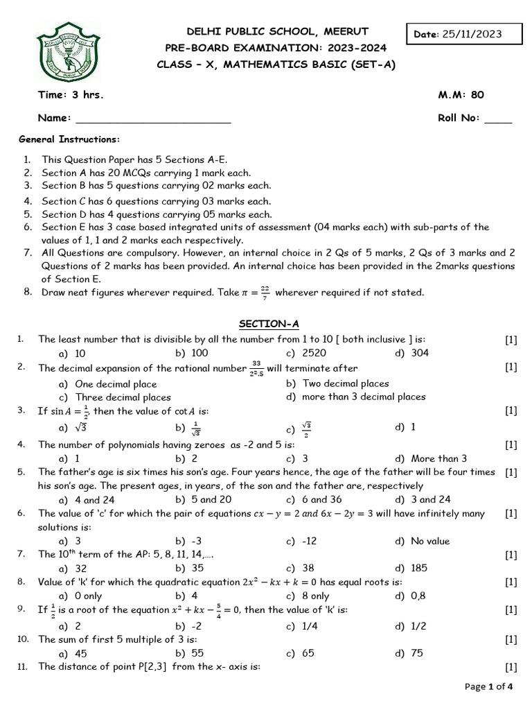 Class X Maths Basic & Standard Papers 2023-24 (DPS, Meerut) | PDF ...
