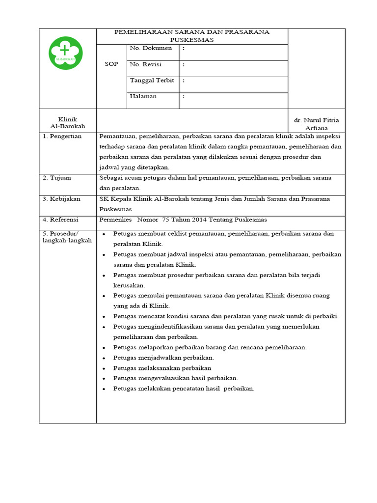 Sop Pemeliharaan Sarana Dan Prasarana Puskesmas | PDF